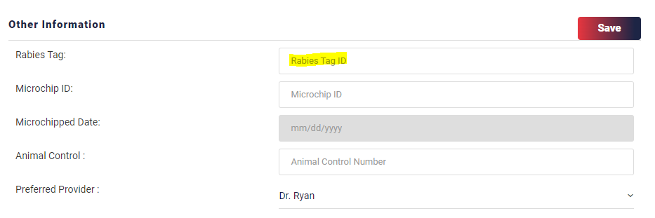 How to add a Rabies tag ID on pet's record